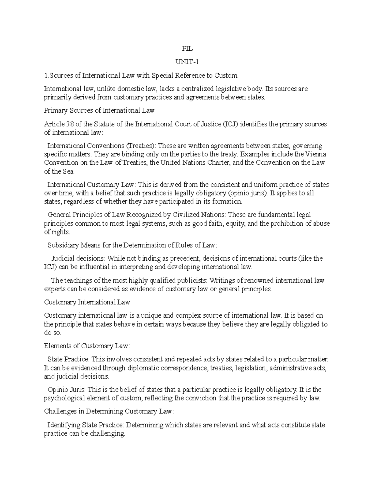 PIL - Comprehensive Notes on International Law Concepts and Sources ...
