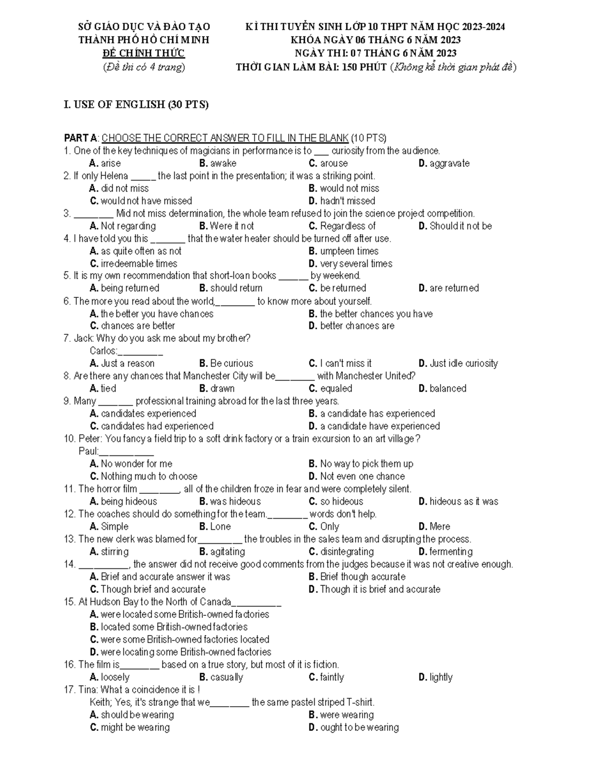 TS Chuyên Anh Lớp 10 TPHCM 2023-2024 Đề Thi Tuyển Sinh - Studocu