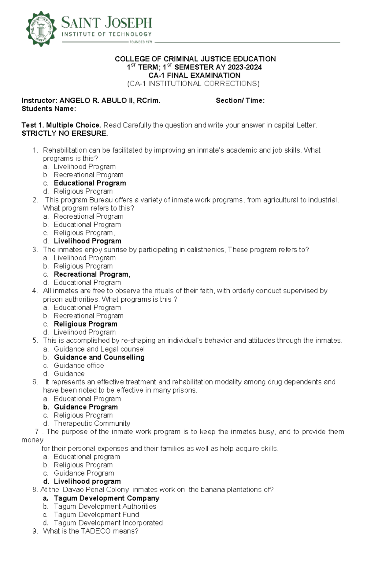 CA-1 Final Exam: Institutional Corrections Overview and Analysis - Studocu
