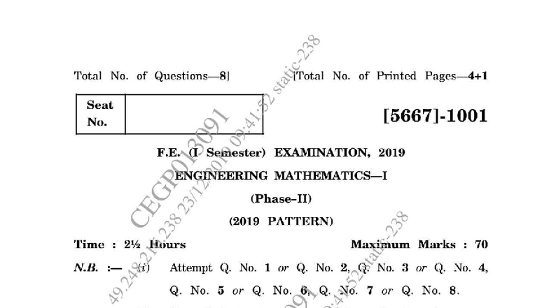 2019 M1 Question Paper - Pyq - Total No. of No. of Printed Seat o ...
