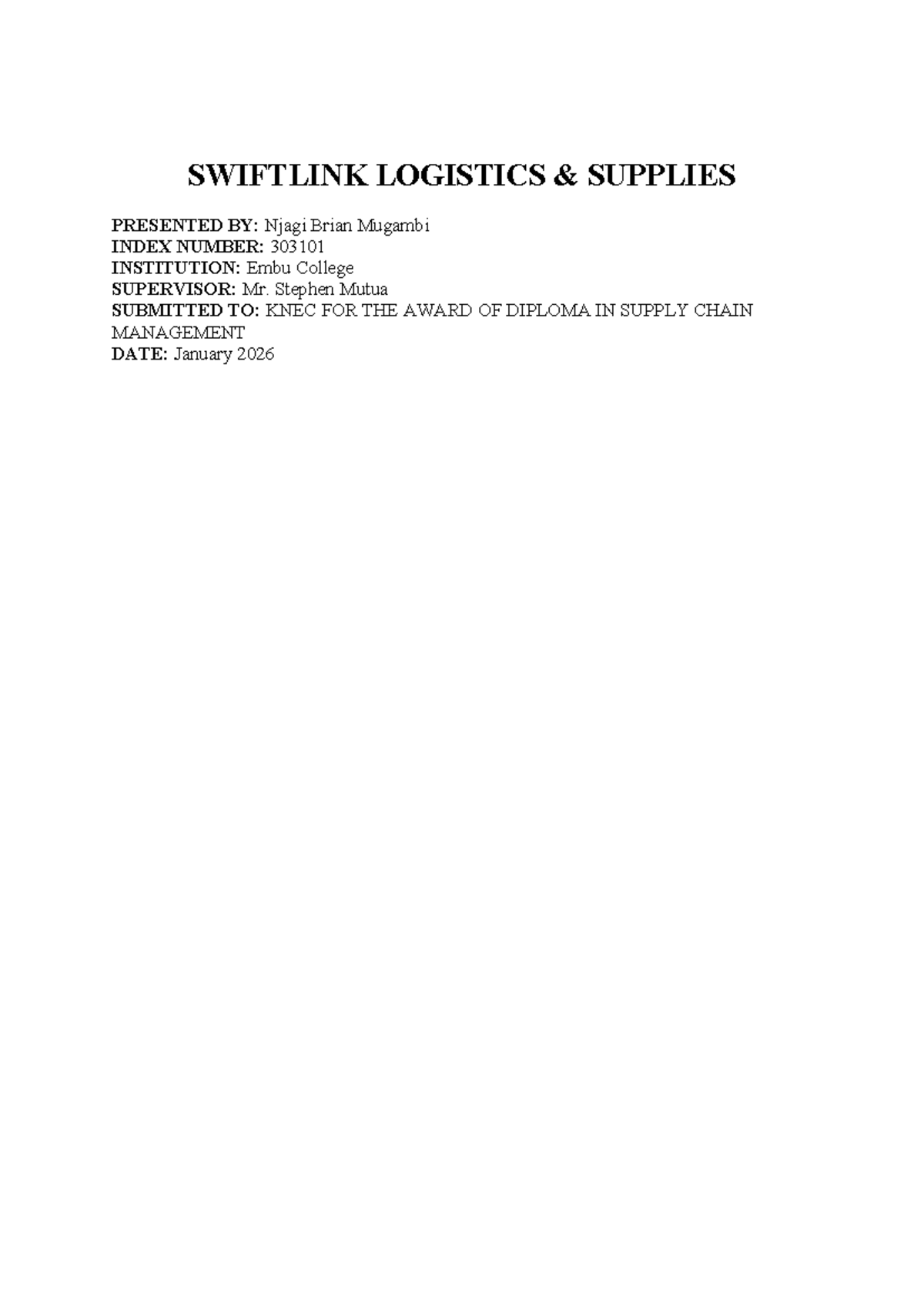 Business Plan for SwiftLink Logistics and Supplies (DBM 2601) - Studocu