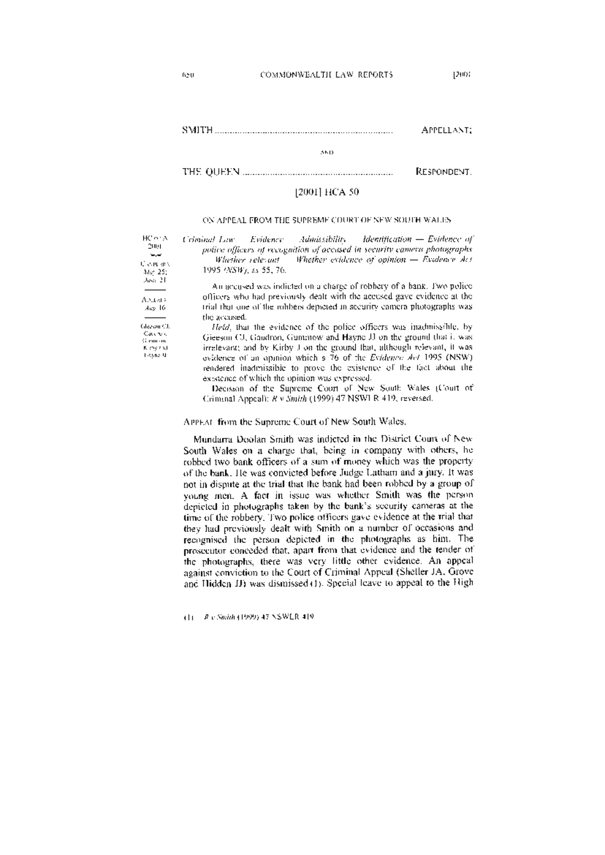 Smith v The Queen [2001] HCA 50: Evidence Admissibility in Criminal ...