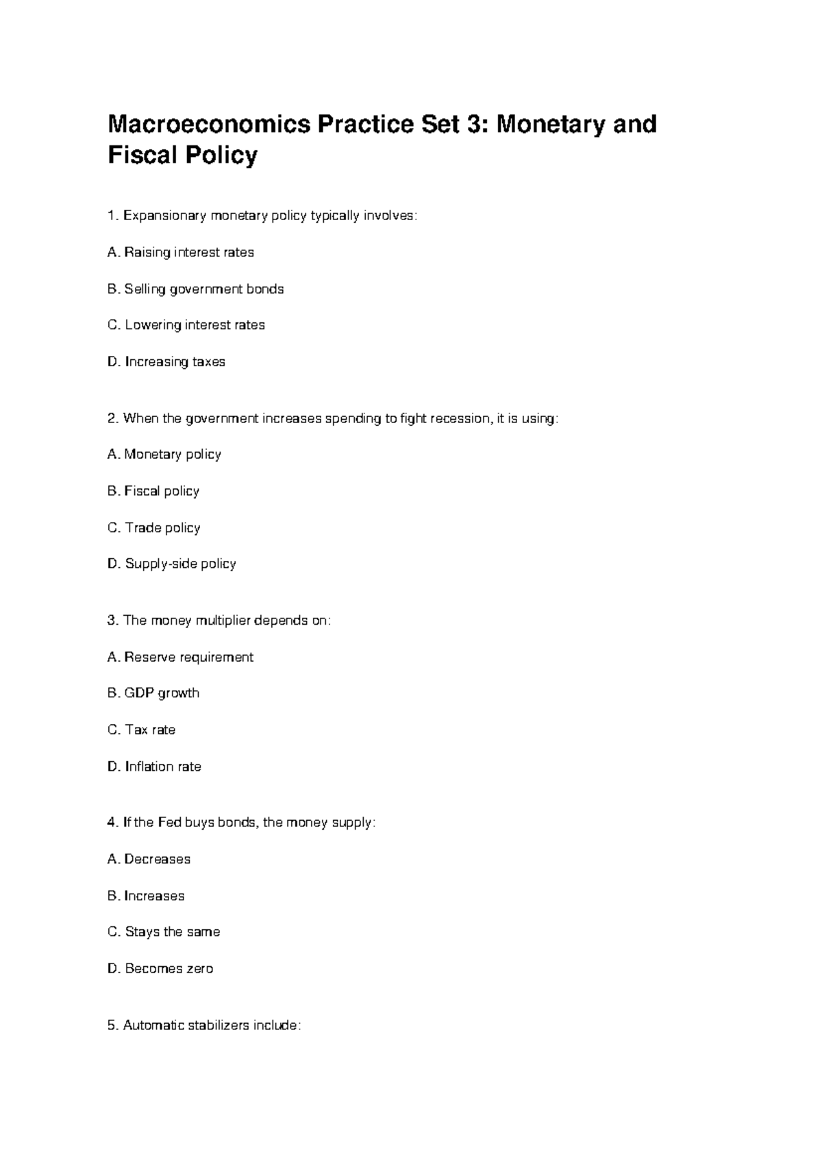 Macroeconomics Practice Set 3: Monetary & Fiscal Policy Insights - Studocu