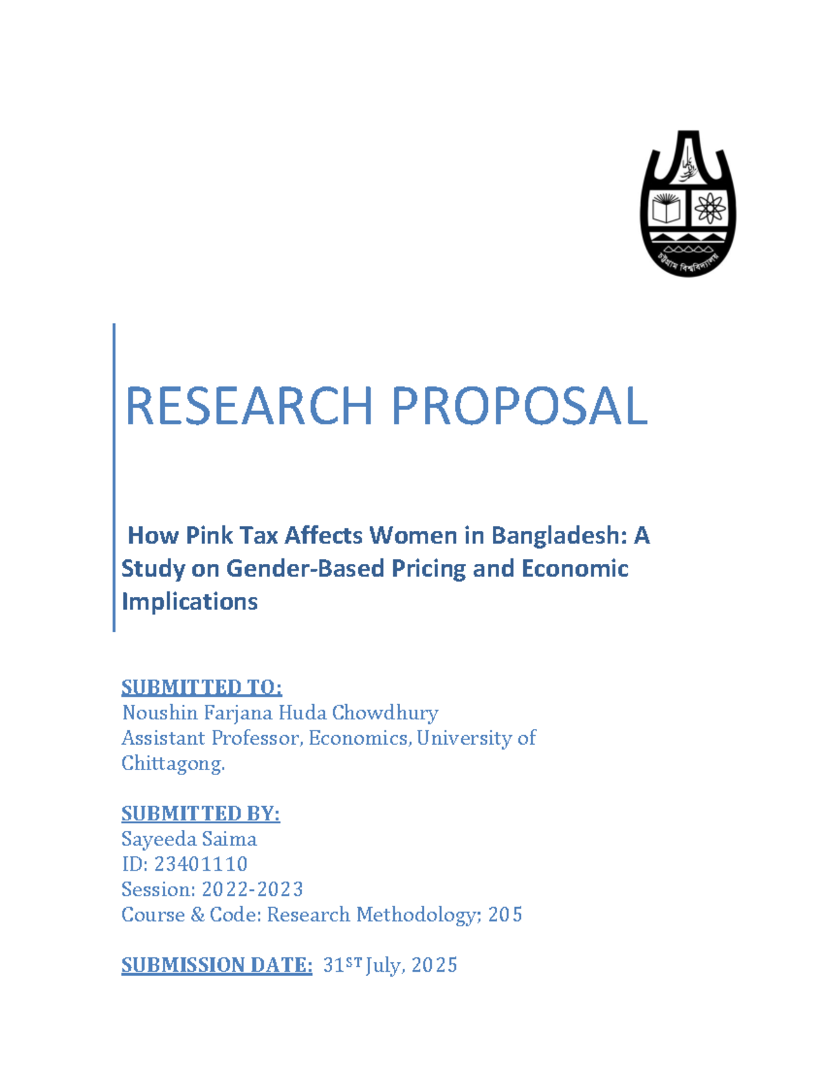 Research Proposal: Impact of Pink Tax on Women in Bangladesh (Research 205) - Studocu