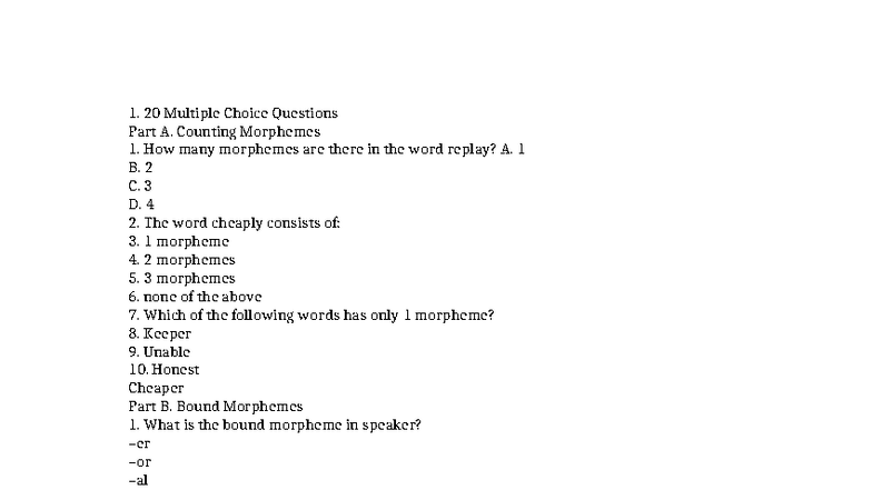 20 MCQs on Morphology: Counting Morphemes & More (DAY1) - Studocu