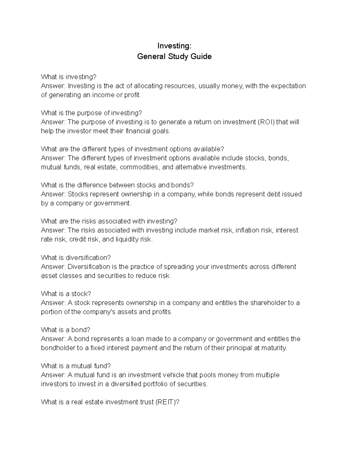 Investing 101: Comprehensive Study Guide for Finance Students - Studocu