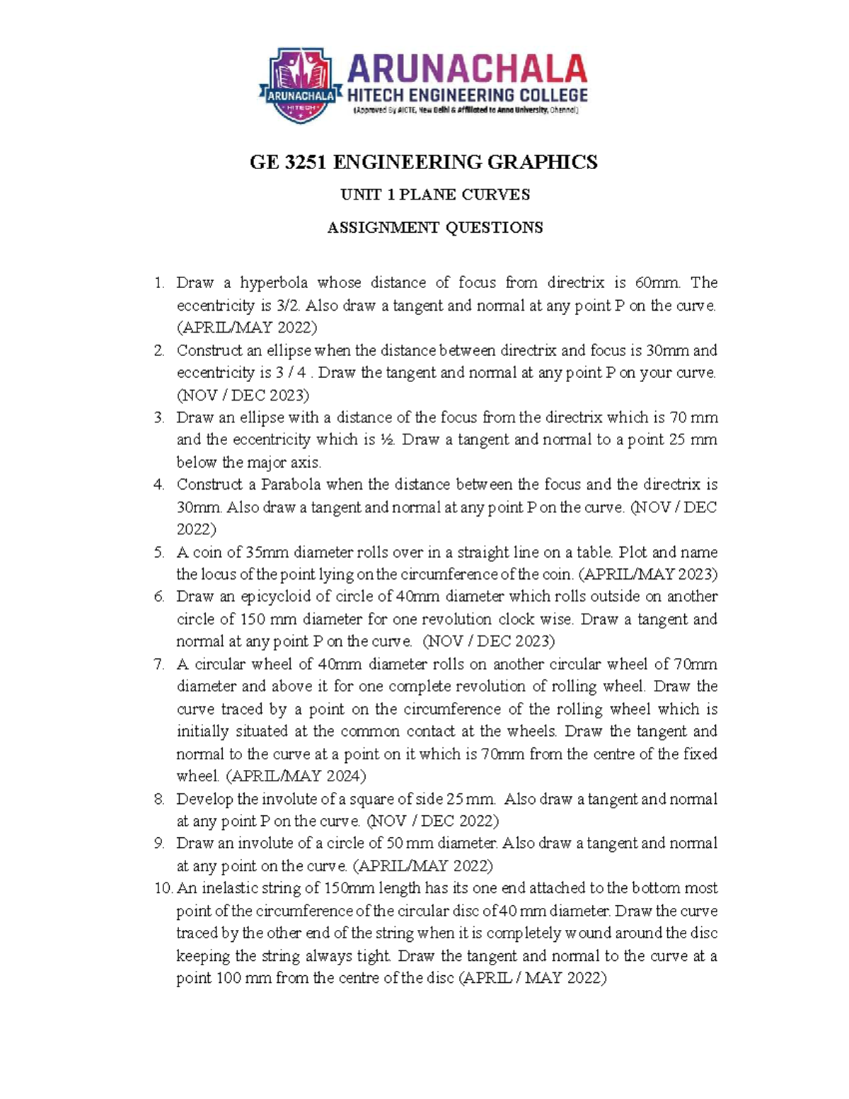 GE 3251 Engineering Graphics Unit 1: Plane Curves Assignment Questions ...