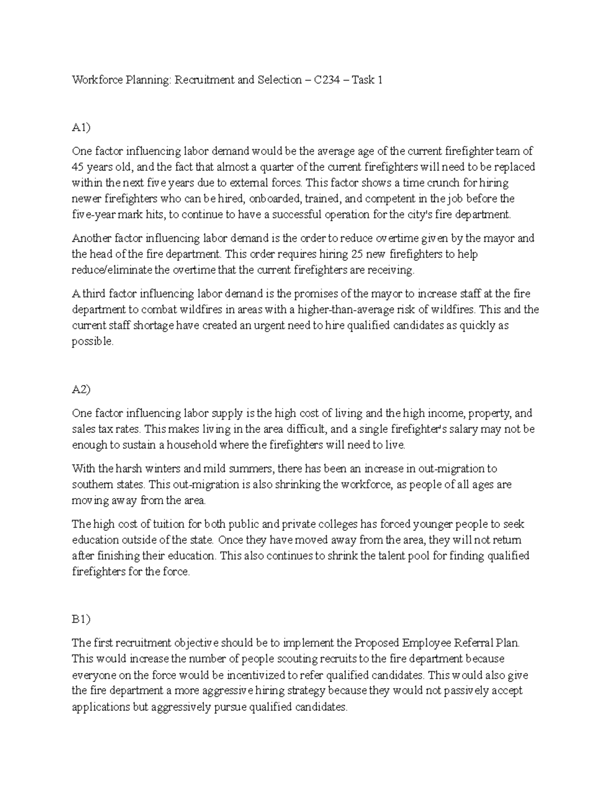 Workforce Planning: Recruitment & Selection Strategies - C234 Task 1 ...