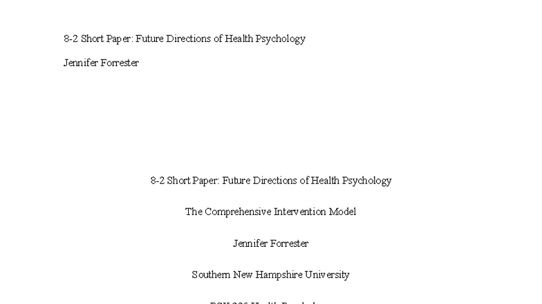 PSY 225 Short Paper: Comprehensive Intervention Model in Health ...