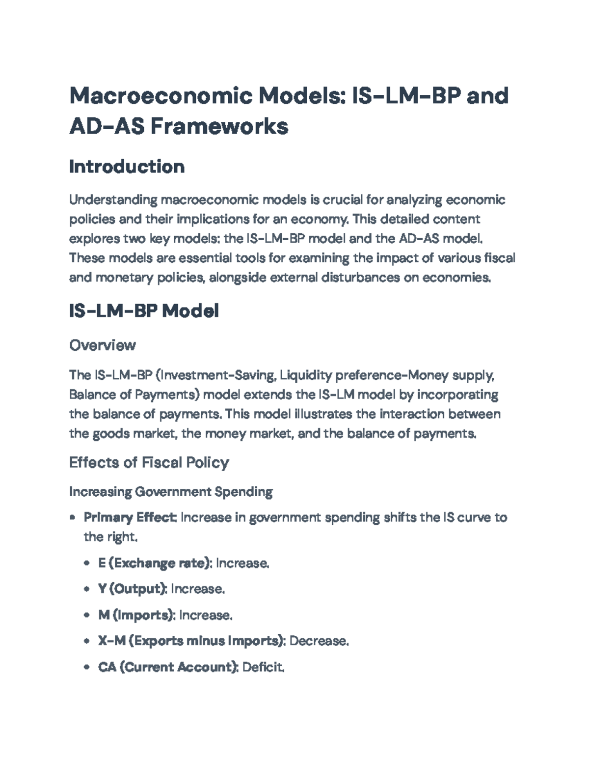 Macroeconomic Models: IS-LM-BP & AD-AS Frameworks Analysis for ...
