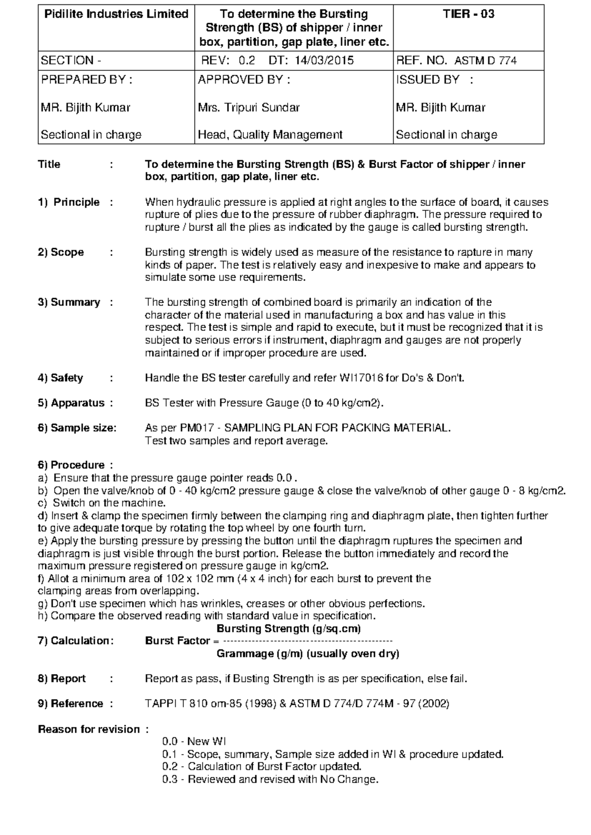 ASTM D774 Bursting Strength Test Procedure for Shipper Boxes - Studocu