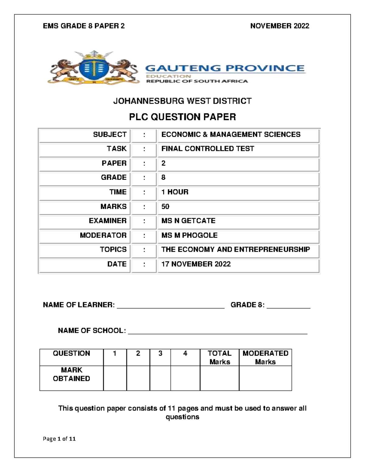 EMS GRADE 8 PAPER 2 FINAL CONTROLLED TEST NOV 2022 - Studocu