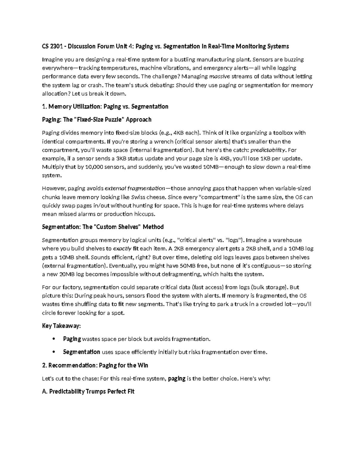 CS 2301 - Discussion Forum Unit 4: Paging vs. Segmentation Analysis - Studocu