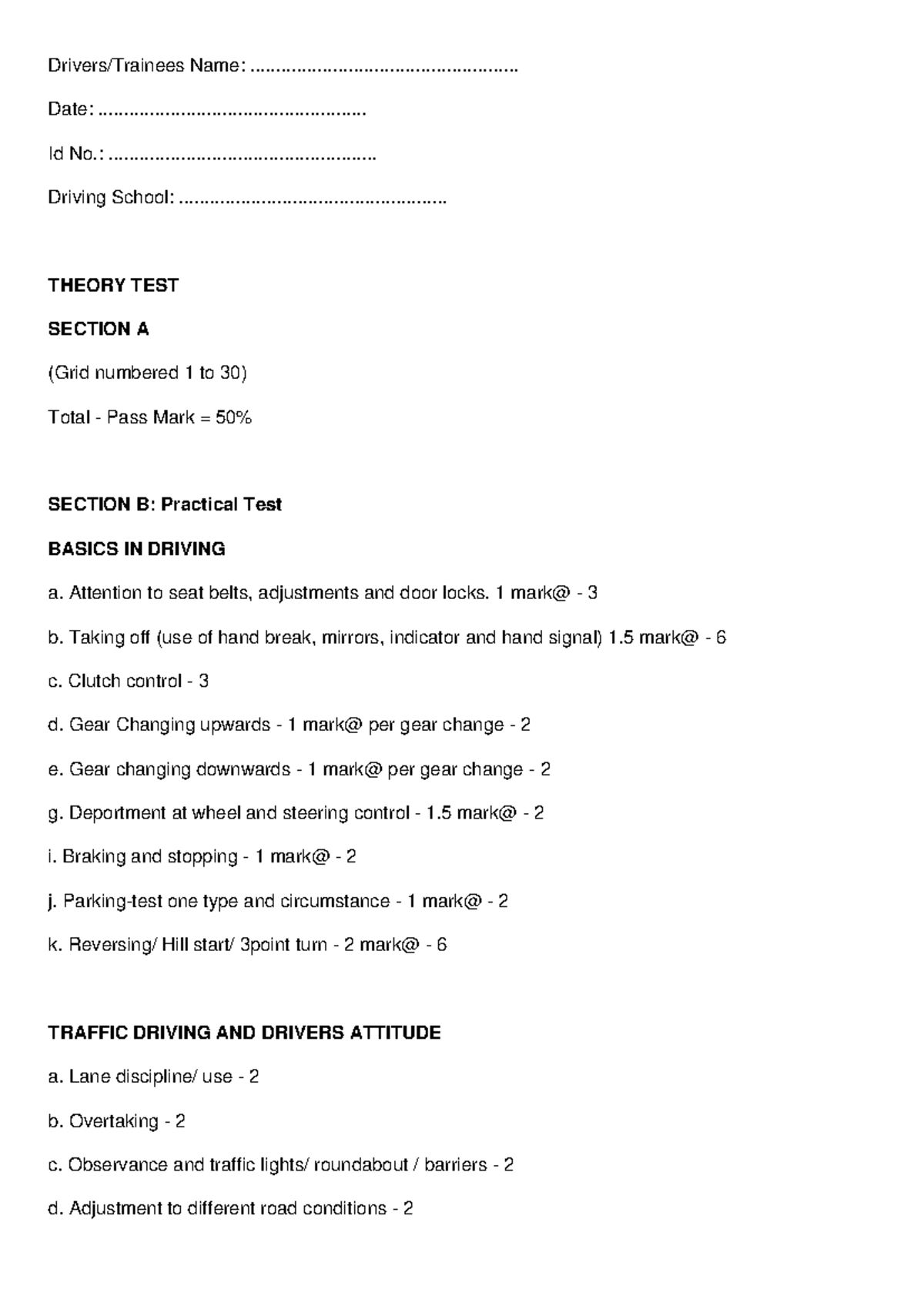 Driving Test Evaluation: Theory & Practical Assessment - Studocu