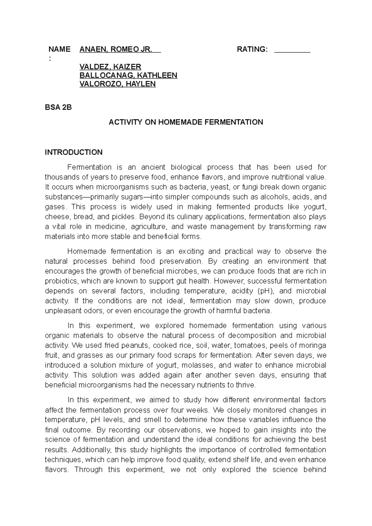 Homemade Fermentation Case Study (BSA 2B): Process & Observations - Studocu
