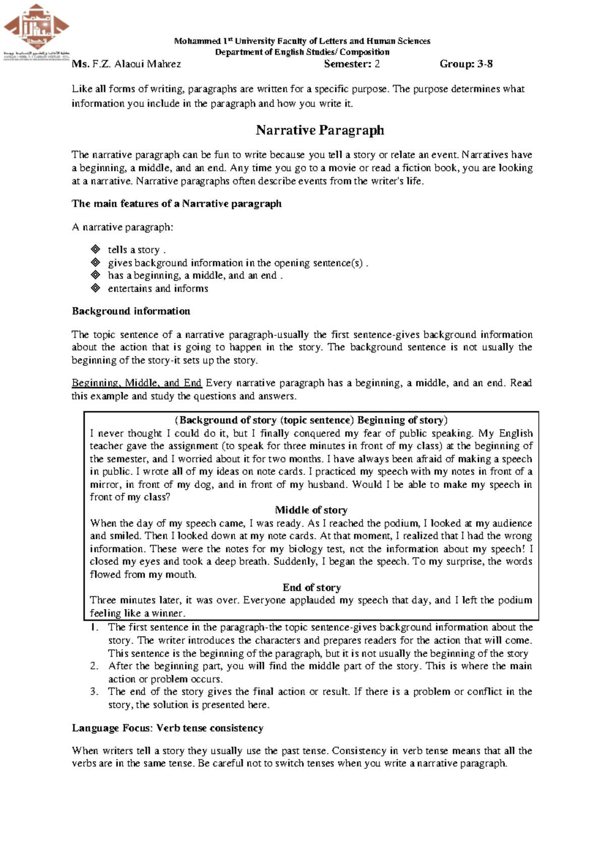 Narrative paragraph - Mohammed 1st University Faculty of Letters and ...