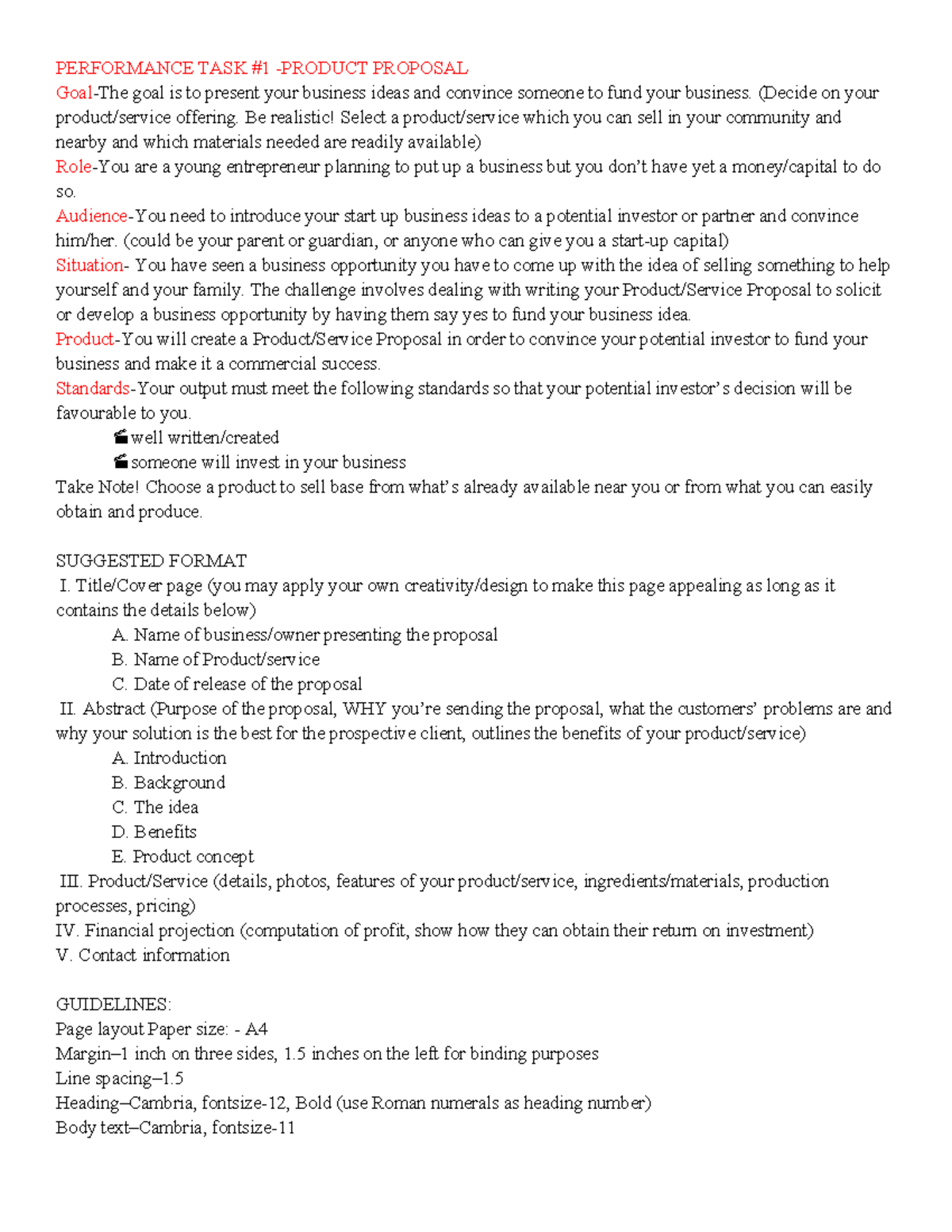 Product Proposal Performance Task #1: Entrepreneur's Pitch Guide - Studocu