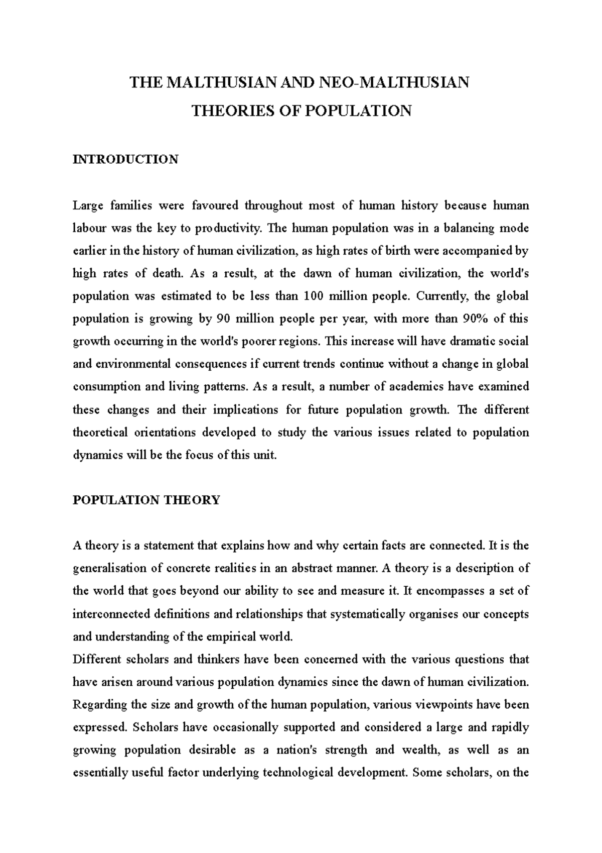 Malthusian vs Neo-Malthusian Theories of Population Dynamics - Studocu