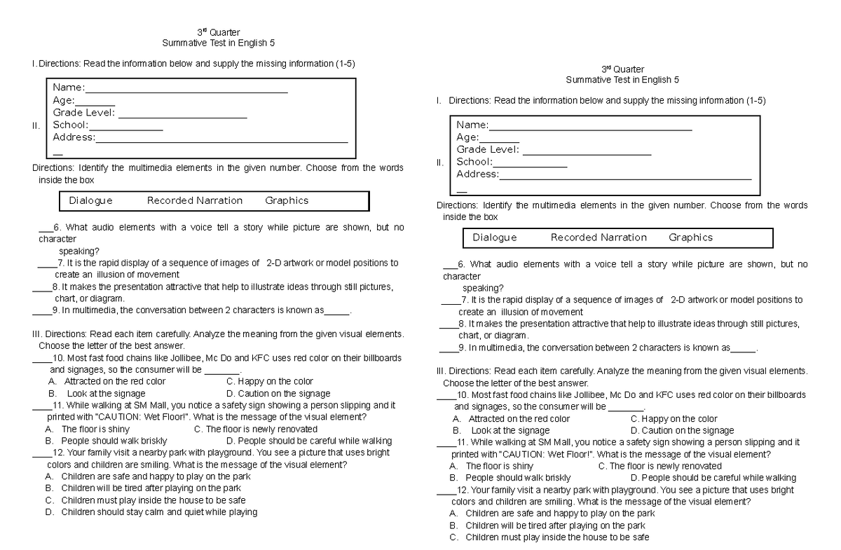 3rd Quarter Summative Test in English 5: Multimedia Elements & Visual ...
