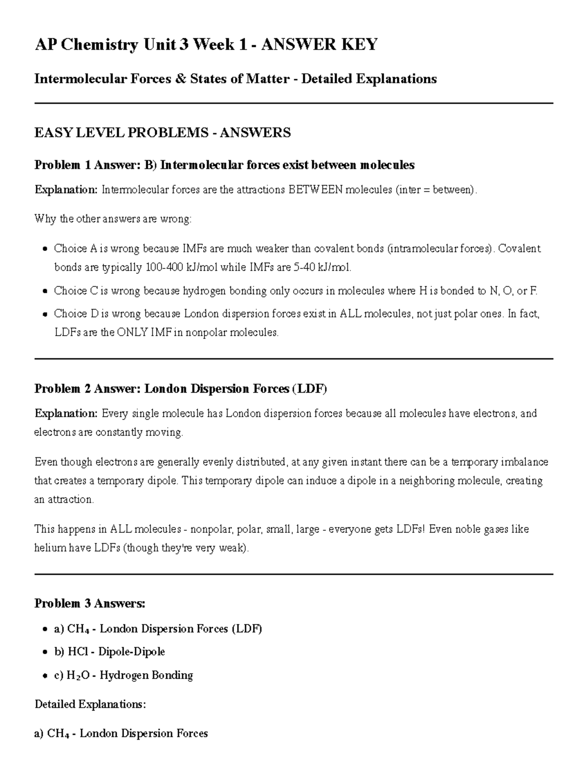 AP Chemistry Unit 3 Week 1 - Answer Key & Detailed Explanations - Studocu