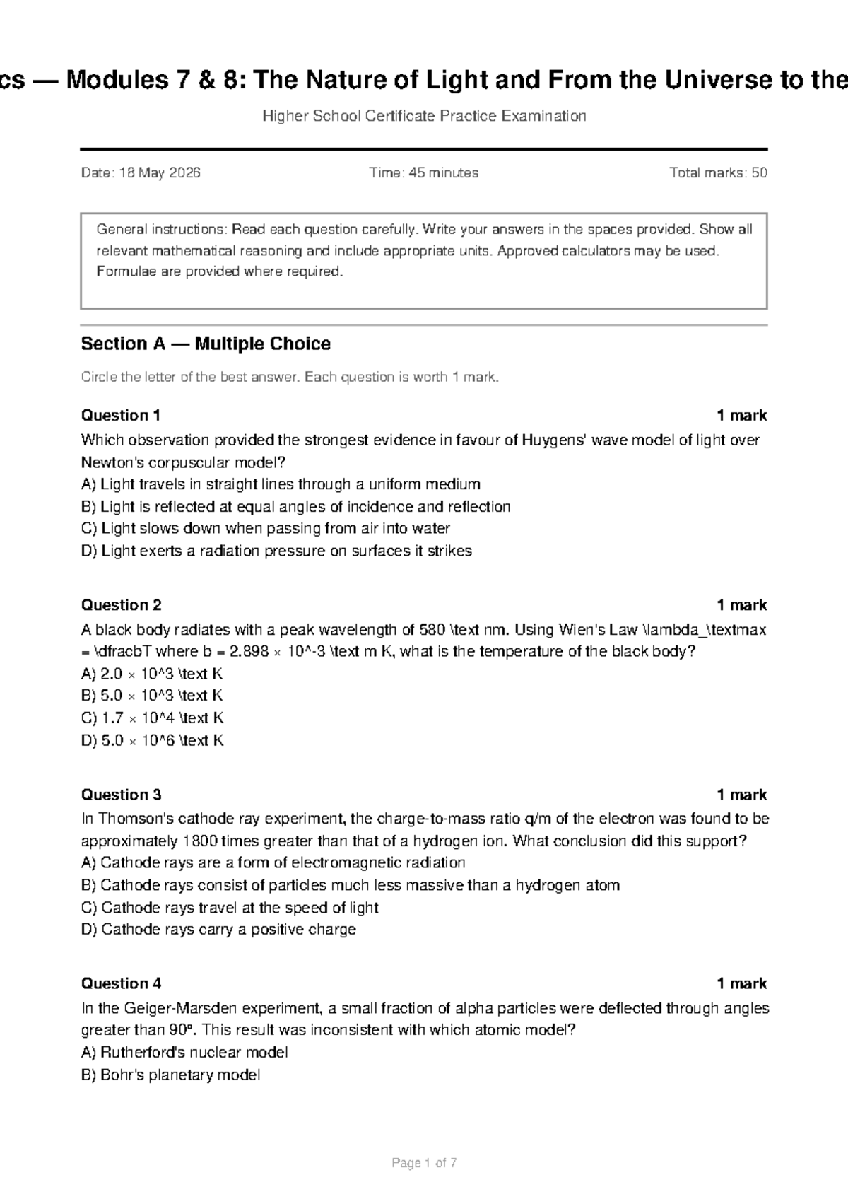CS Physics Modules 7 & 8: Nature of Light Practice Exam - Studocu