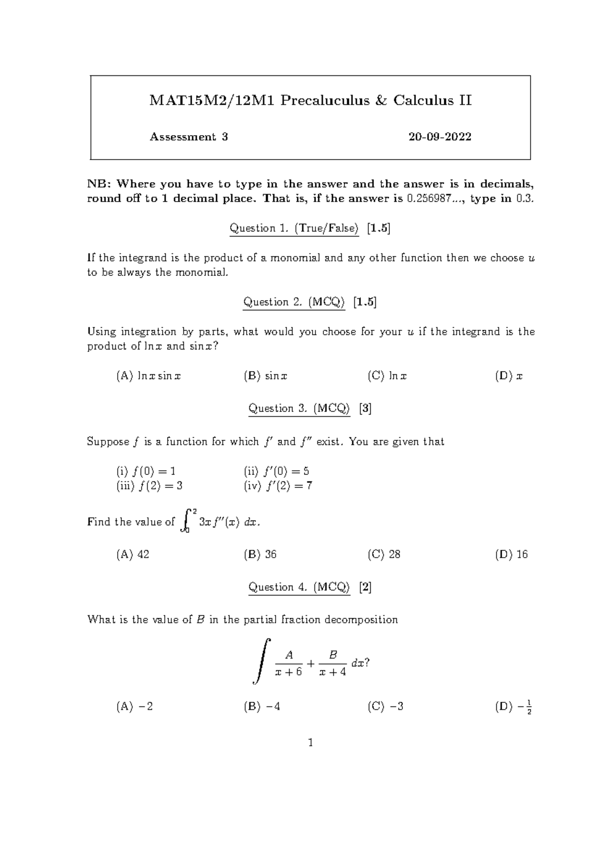 MAT15M2 - Assessment 3: Precalculus & Calculus II Questions - Studocu