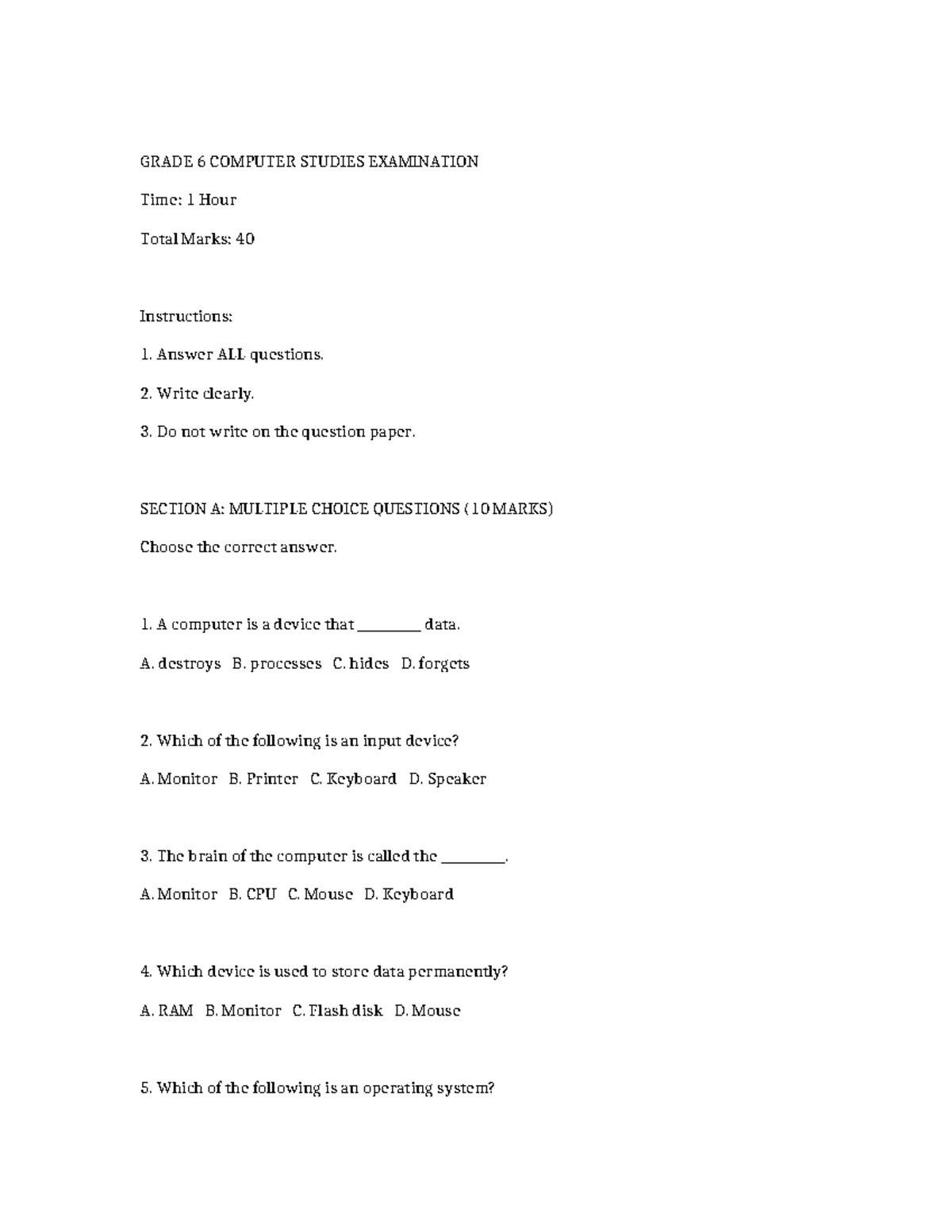 Grade 6 Computer Studies Exam Paper - Total Marks: 40 - Studocu