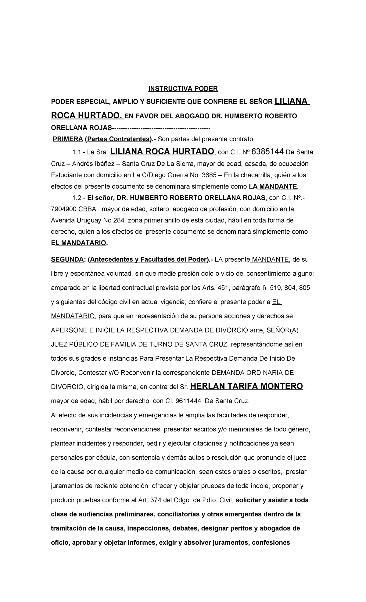 Instructiva Poder Especial para Divorcio - Liliana Roca Hurtado - Studocu