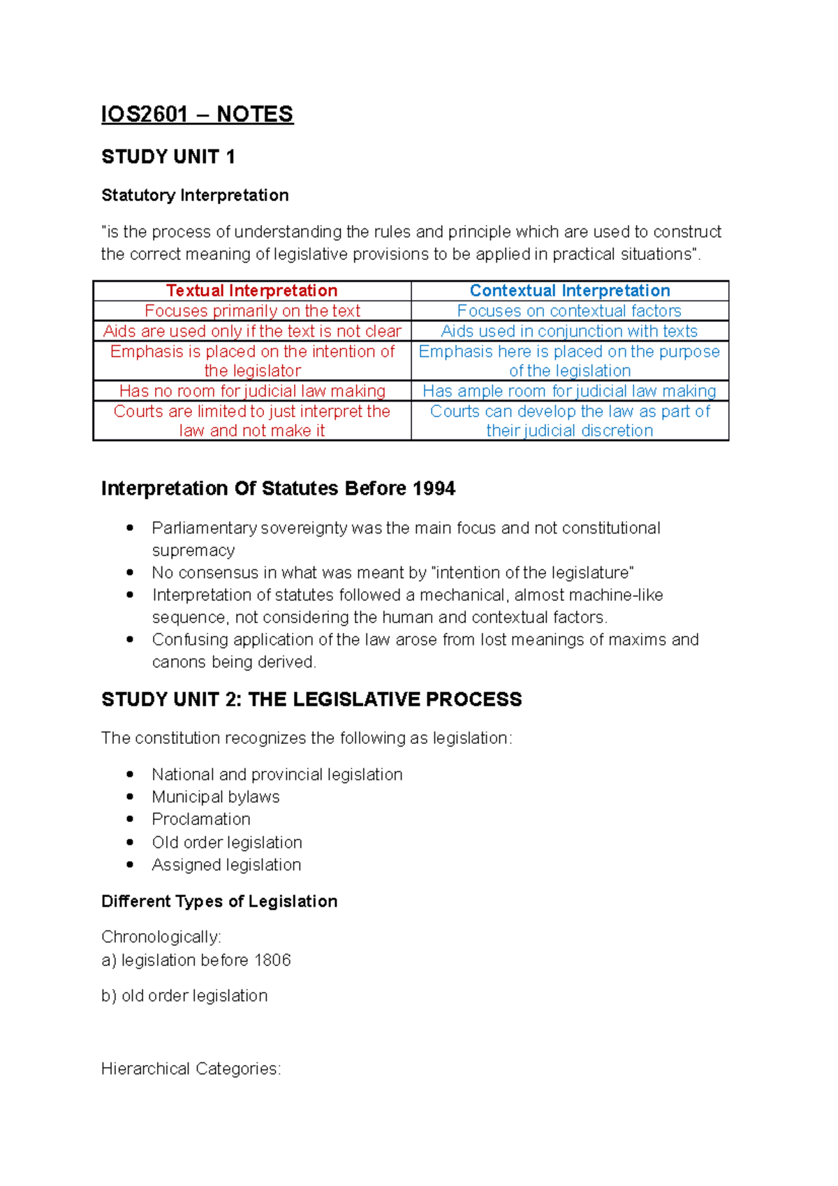 IOS2601 - Exam Notes on Statutory Interpretation & Legislative Process ...