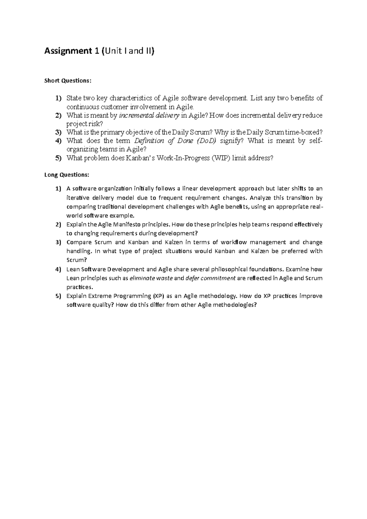 Assignment 1 Unit I Ii On Agile Methodologies And Practices Studocu