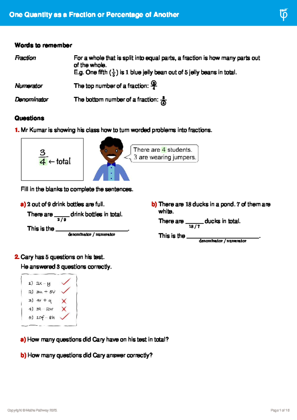 One Quantity as a Fraction or Percentage of Another - Practice ...