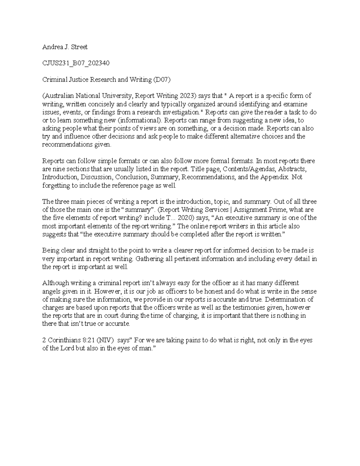 CJUS231_B07: Effective Criminal Justice Report Writing Guide - Studocu