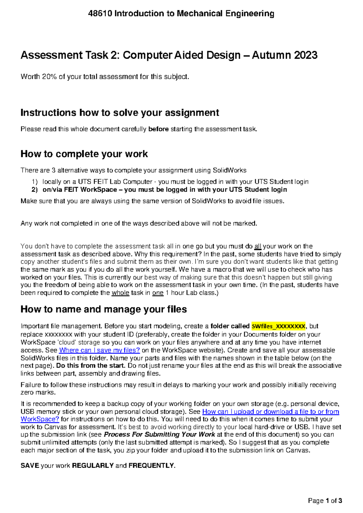 48610 - Assessment 2: CAD Task for Mechanical Engineering 2023 - Studocu