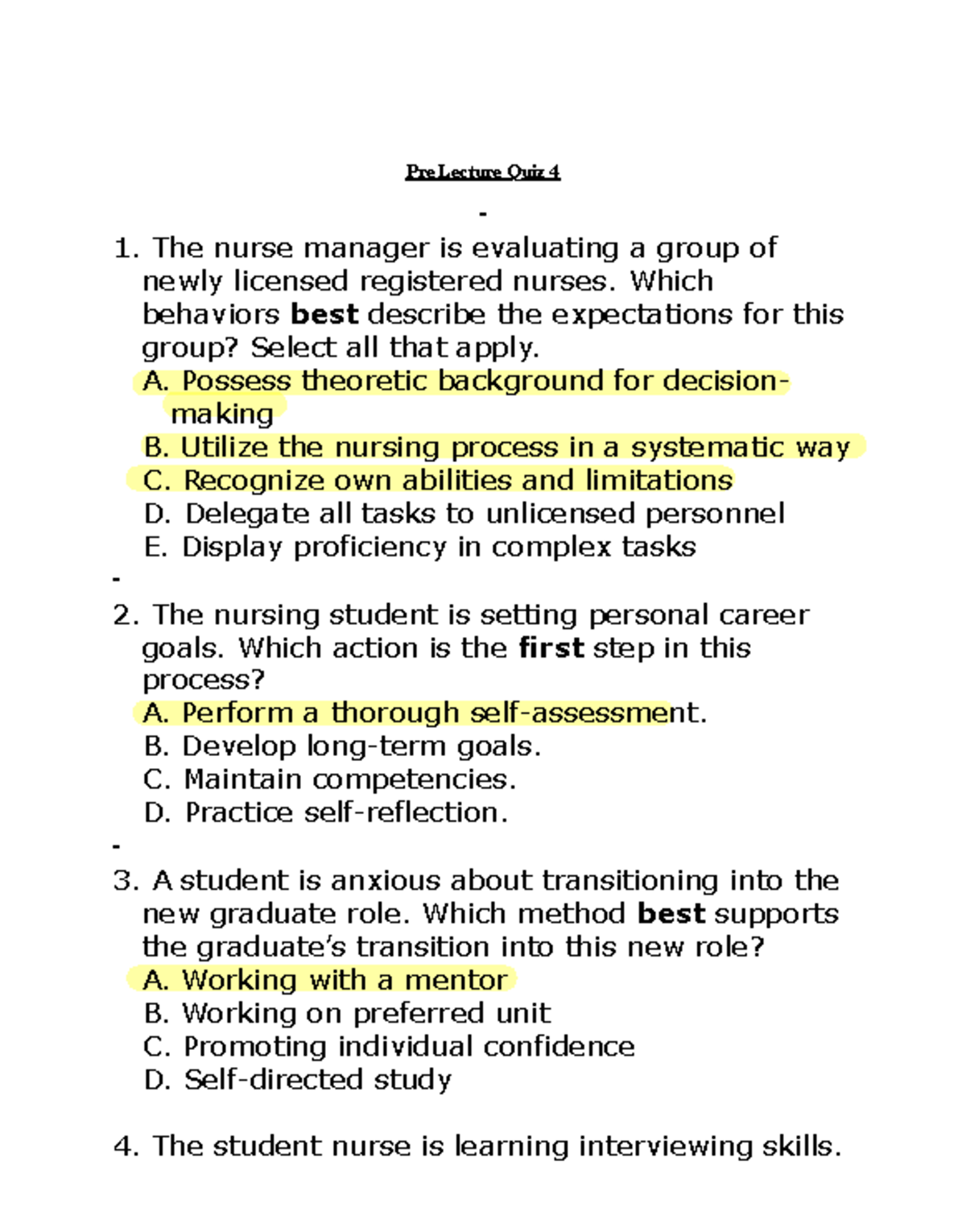 Pre Lecture Quiz 4 - Nursing Expectations and Career Goals - Studocu