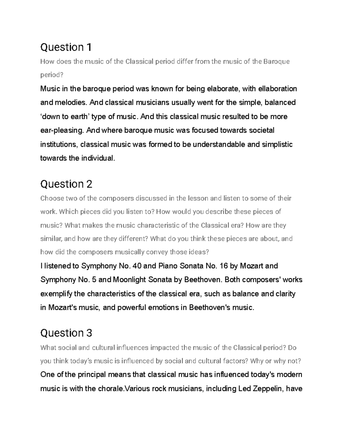 Classical Era Music Unit 6: Critical Thinking Questions Analysis - Studocu