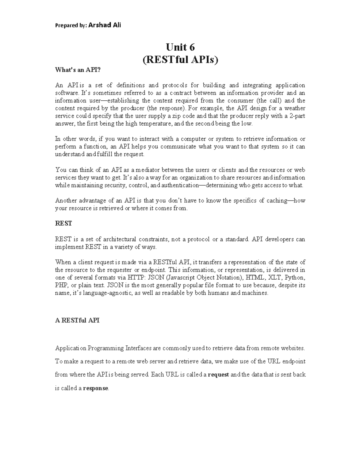 Unit 6 Notes: Understanding RESTful APIs and Their Functions - Studocu