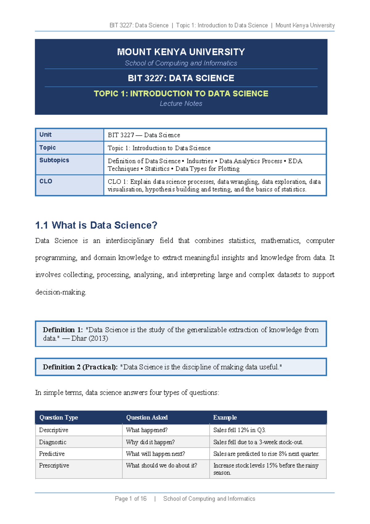 BIT 3227: Data Science Topic 1 - Intro to Data Science Lecture Notes ...