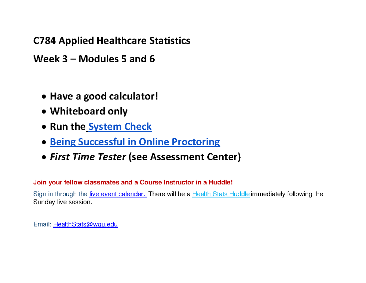 C784 Applied Healthcare Statistics Week 3 - Module 5 & 6 Problems - Studocu