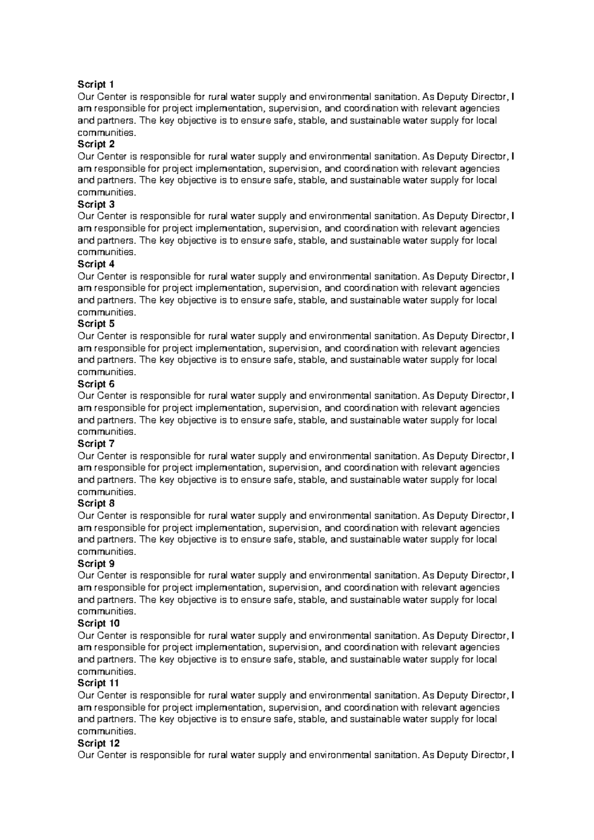 Water Center Shadowing Scripts: Project Implementation & Coordination ...