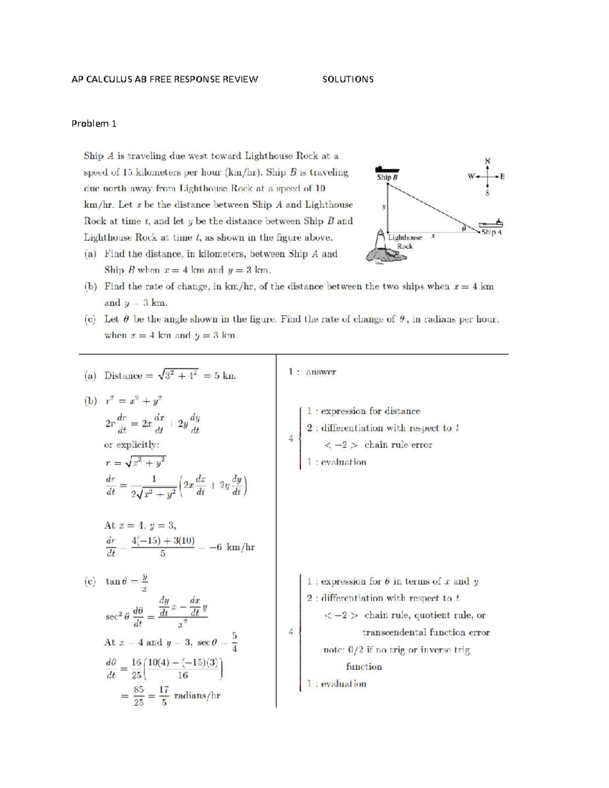 Calculus Final Review FRQ Solutions-1 - AP CALCULUS AB FREE RESPONSE ...