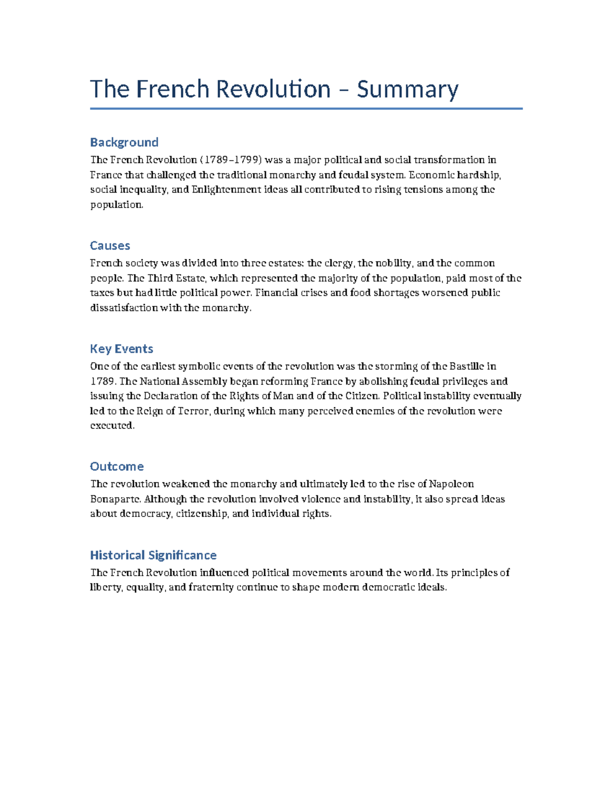 French Revolution Summary: Key Events & Historical Significance - Studocu