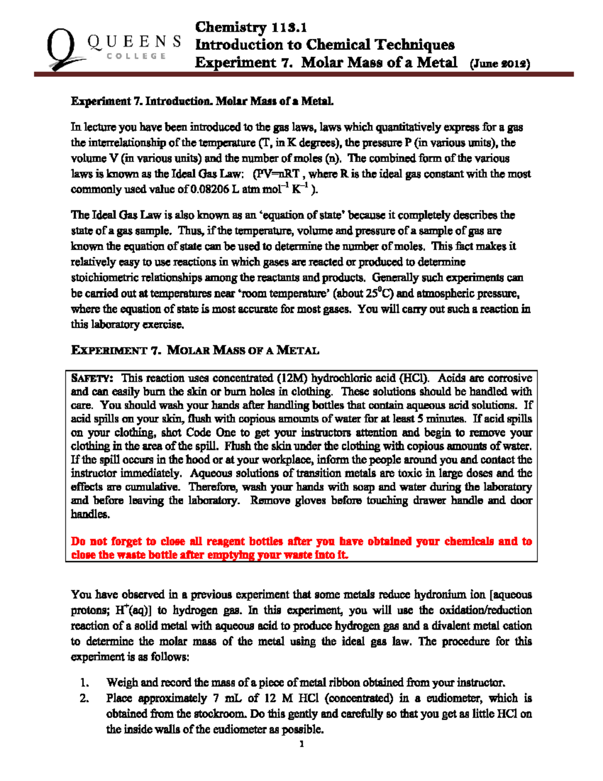 1 - Lab 7 details/ans - Chemistry 113 QUEENS Introduction to Chemical ...