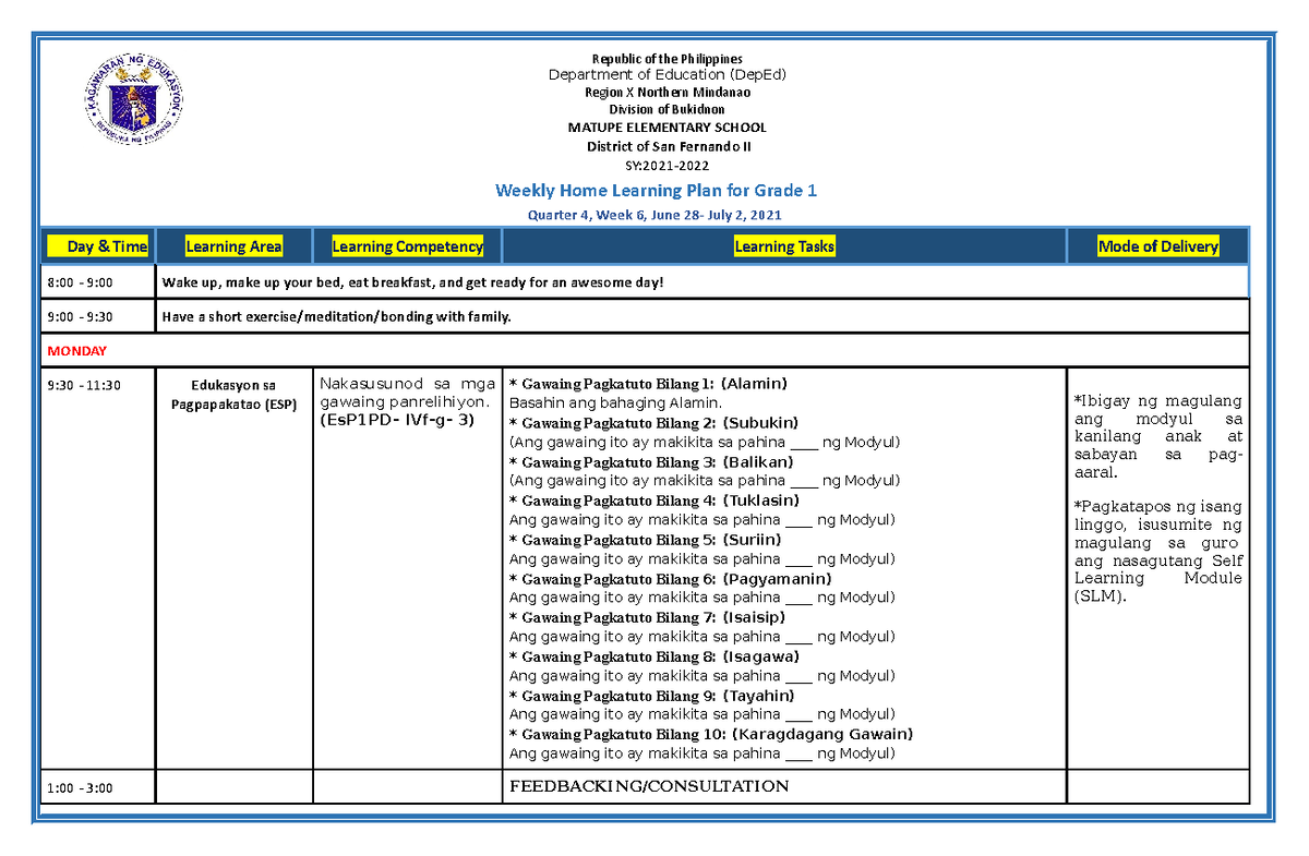 Grade 1 ALL Subjects WHLP Q4 W6 - Weekly Home Learning Plan for Grade 1 Quarter 4, Week 6, June ...