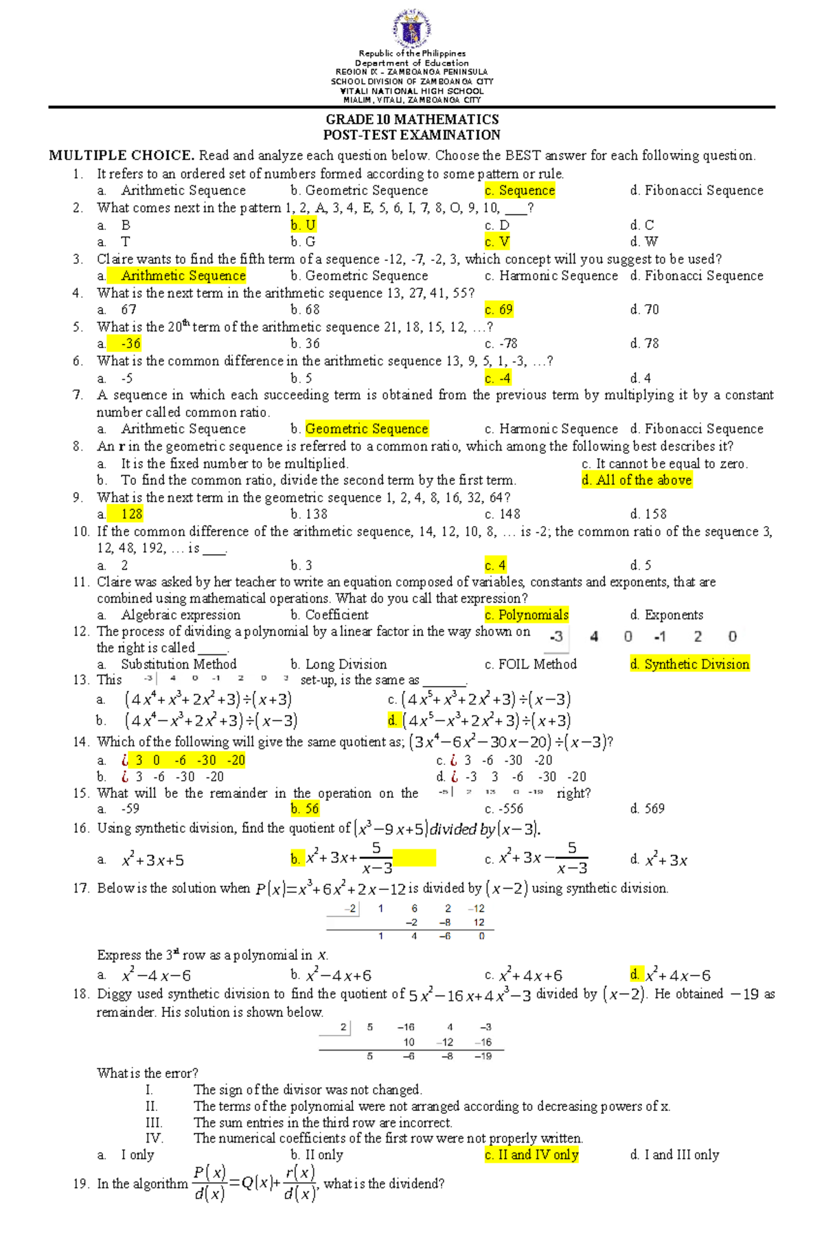 Grade 10 Mathematics Exam: Multiple Choice Questions (POST TEST) - Studocu