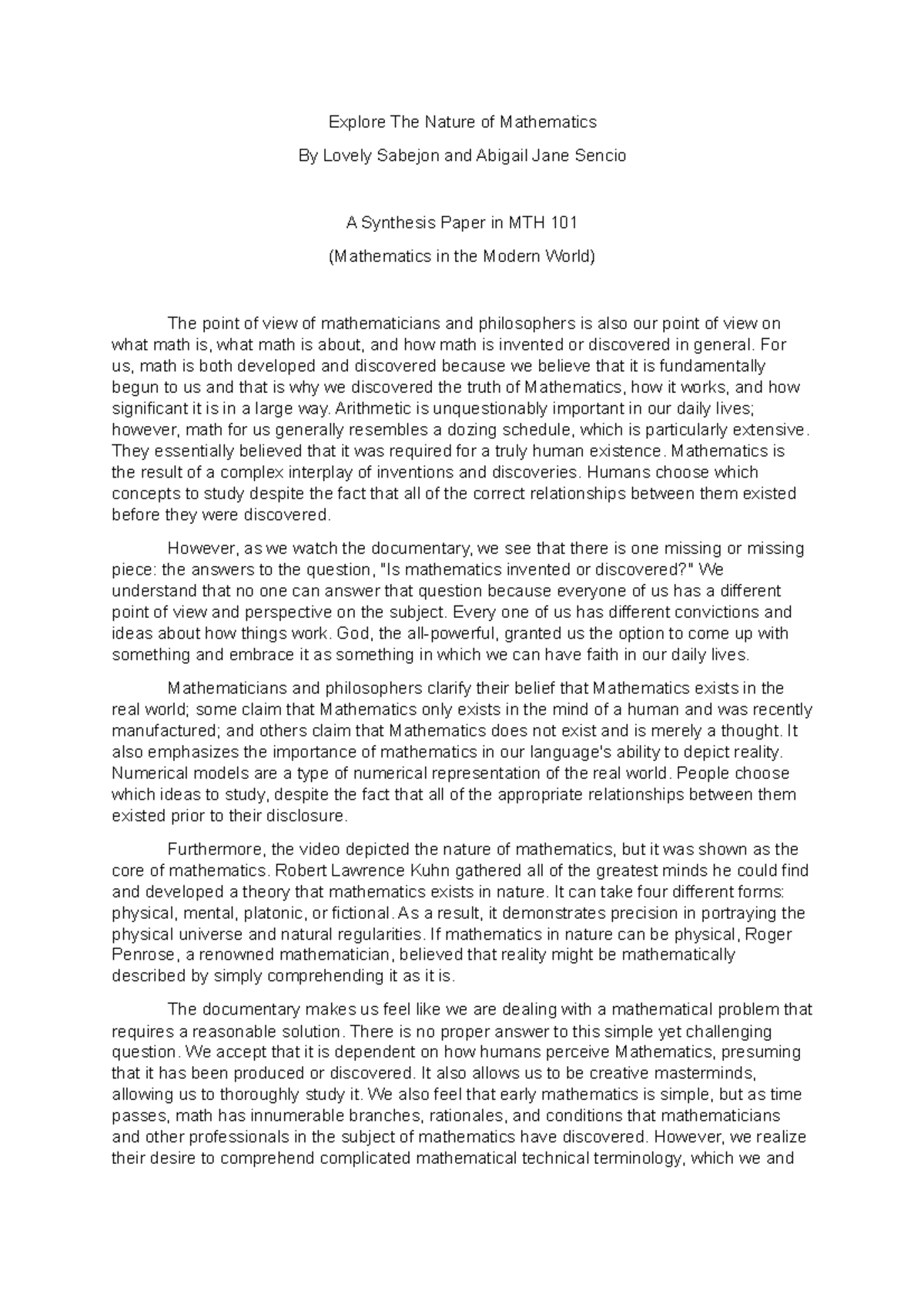 Synthesis Paper in MTH 101 - For us, math is both developed and ...