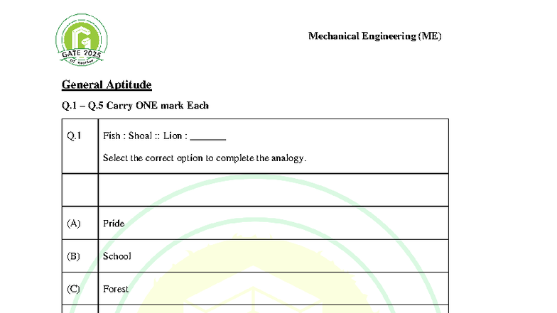 ME2025: Mechanical Engineering General Aptitude Questions 1-35 - Studocu