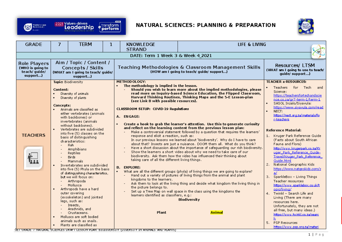 GET GRADE 7 NATURAL SCIENCES DRAFT LESSON PLAN: BIODIVERSITY (LIFE ...
