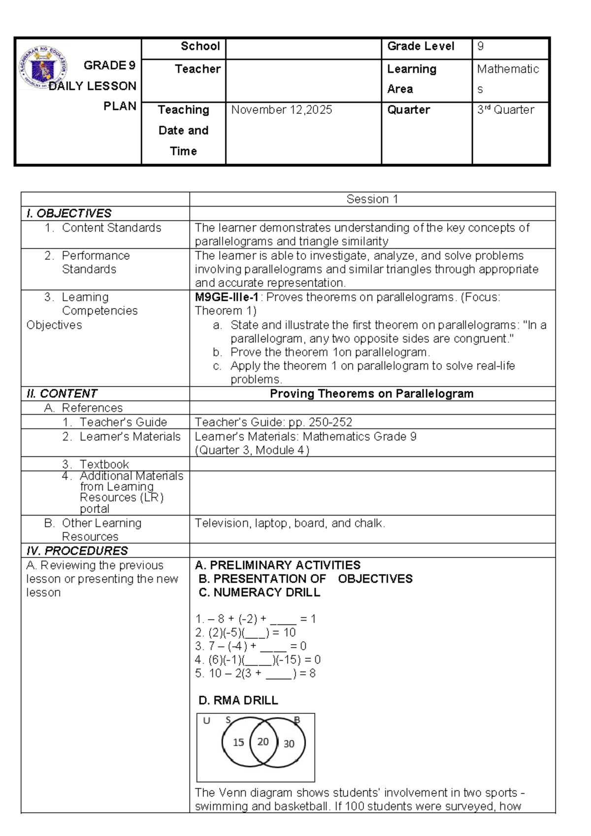 GRADE 9 Math Lesson Plan: Parallelograms & Triangle Similarity (Q3 ...