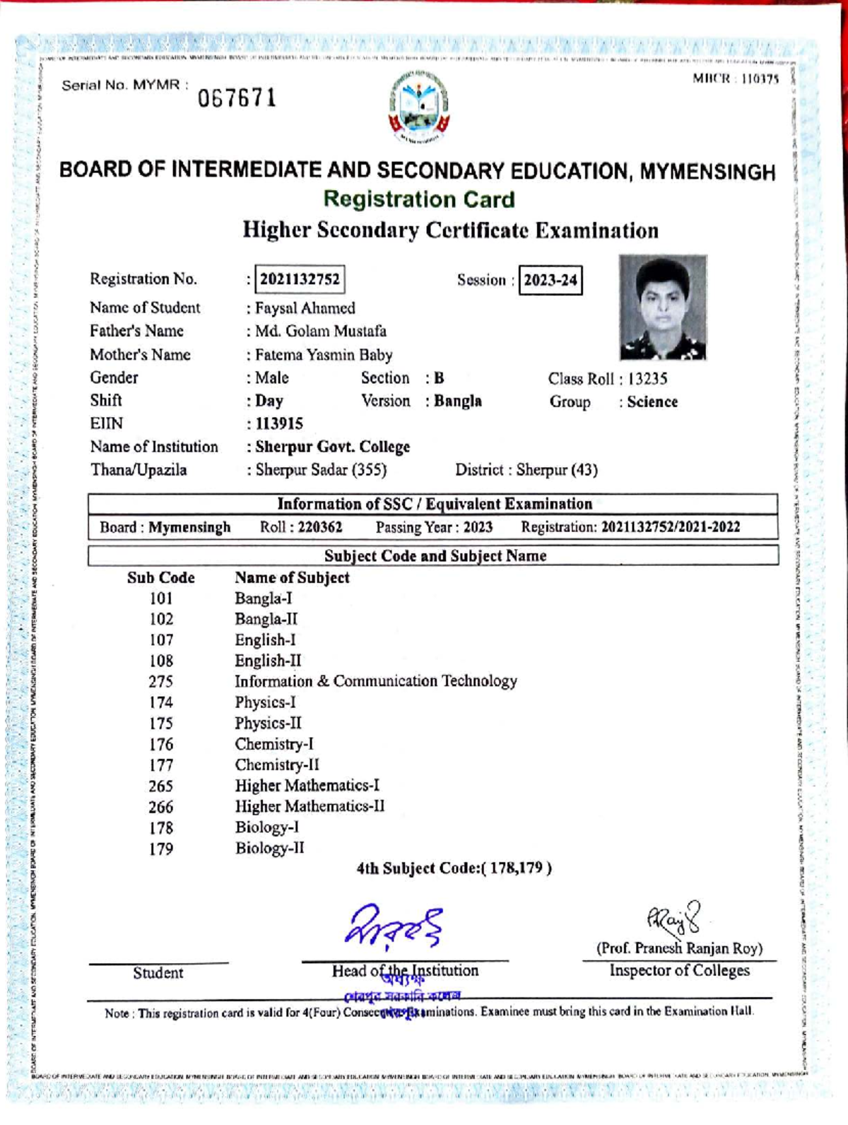 MYMENSINGH BOARD HSC Registration Card - MBCR 110375 - Studocu