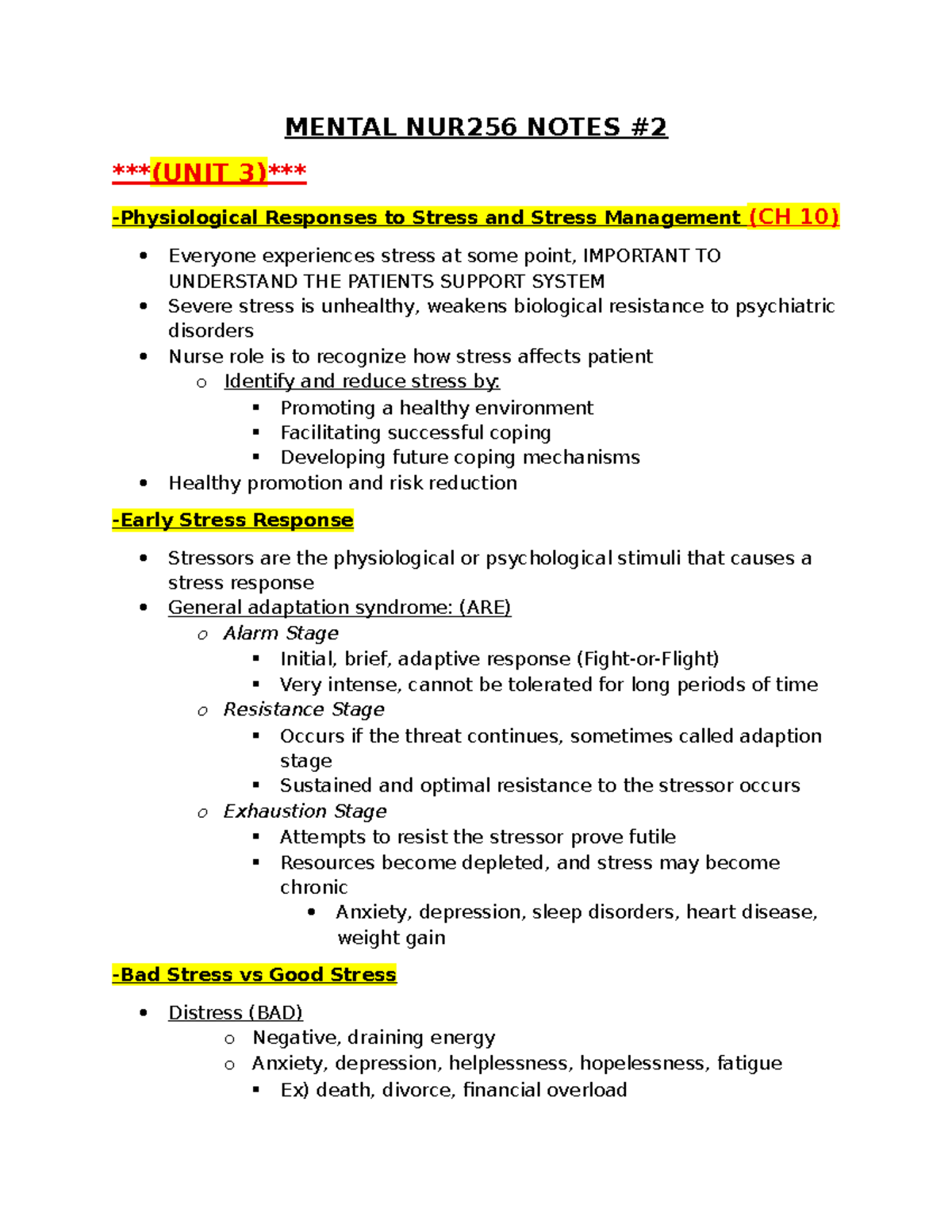 MENTAL NUR256 NOTES: Stress Responses & Management Strategies (CH 10 ...